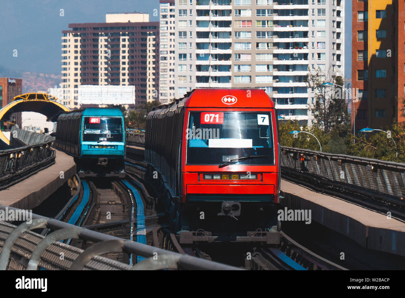 SANTIAGO, CHILE - MARCH 2015: Metro de Santiago train on the viaduct of ...
