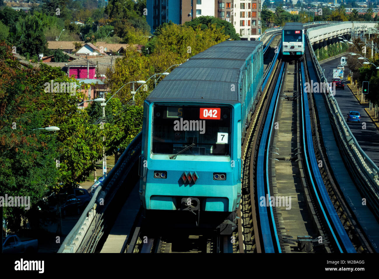 SANTIAGO, CHILE - MARCH 2015: Metro de Santiago train on the viaduct of ...