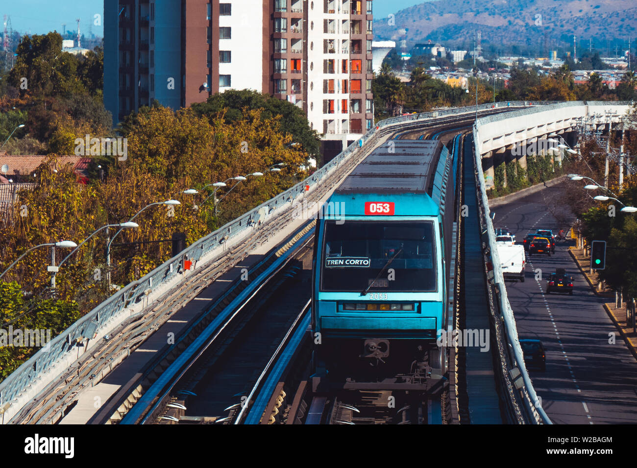 SANTIAGO, CHILE - MARCH 2015: Metro de Santiago train on the viaduct of ...