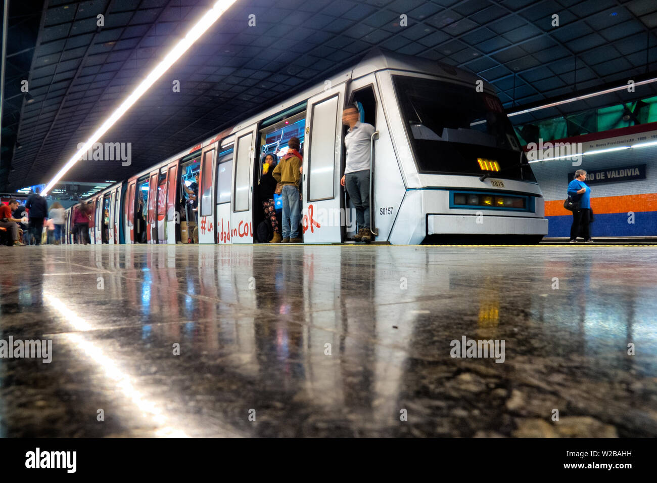 SANTIAGO, CHILE - MAY 2015: A branded Santiago Metro NS93 train at ...