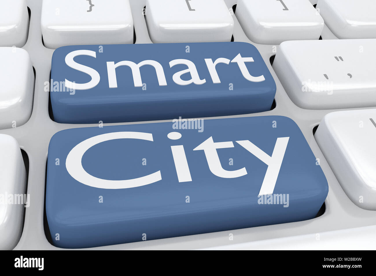 3D illustration of computer keyboard with the script Smart City on two adjacent buttons Stock ...