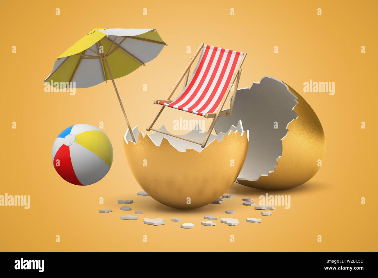 3d rendering of beach chair and umbrella with rainbow beach ball ...