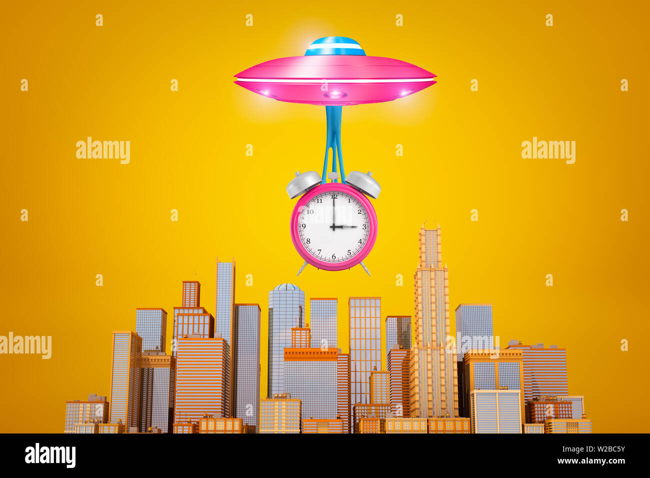 3d rendering of pink UFO with big pink alarm clock suspended on slime ...