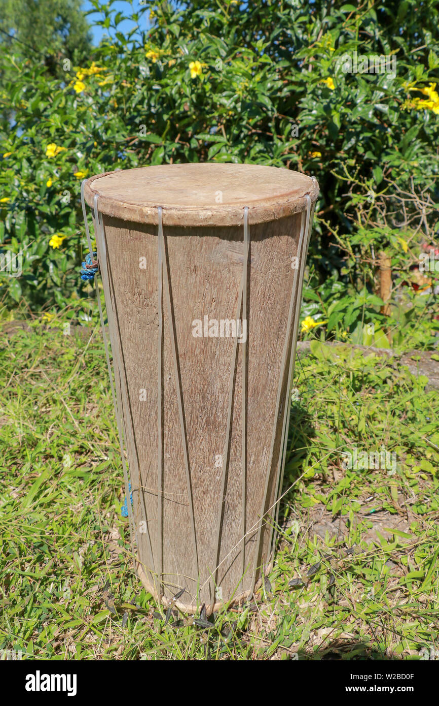 Traditional drums and other musical instruments on the ground to be ...