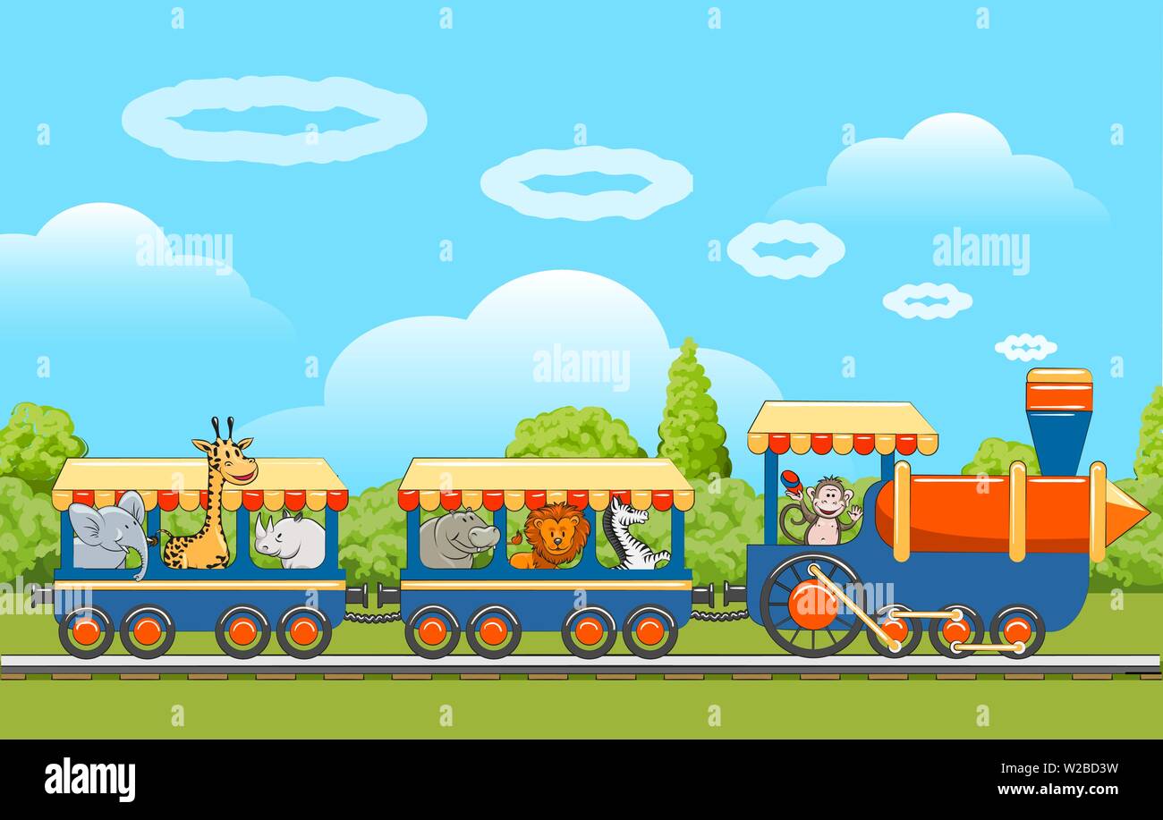 Animals train. Baby animal traveling, cute animals travel by railway ...