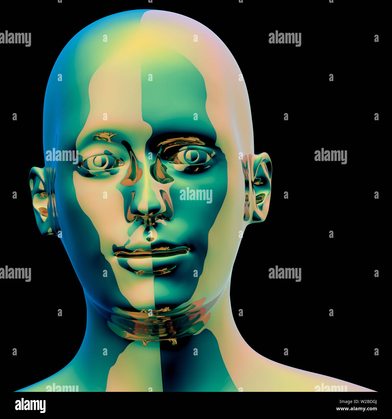 3d illustration of iron man head colored green golden glossy metallic ...