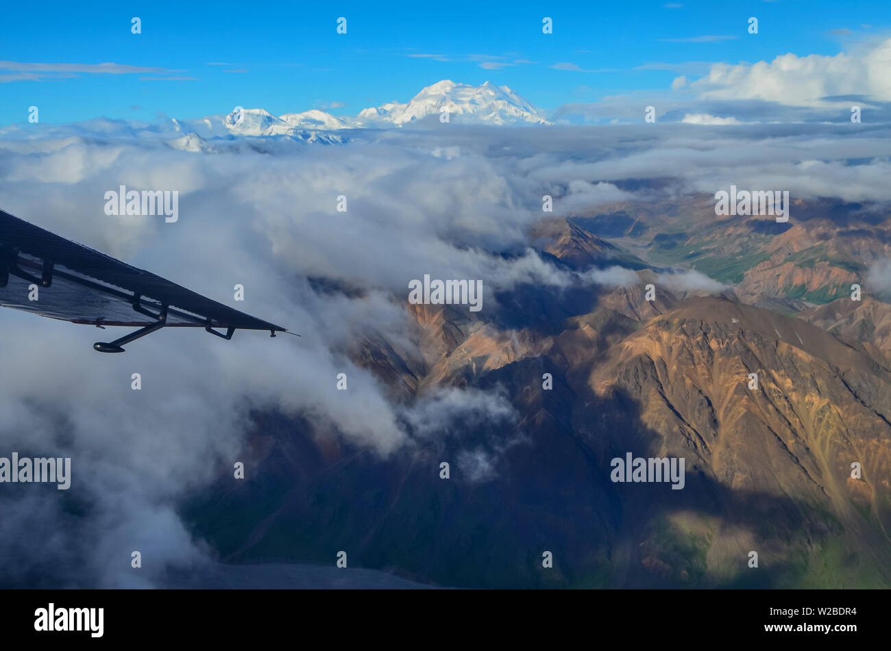 Aerial view of Mount Denali - mt Mckinley peak from a plane with ...