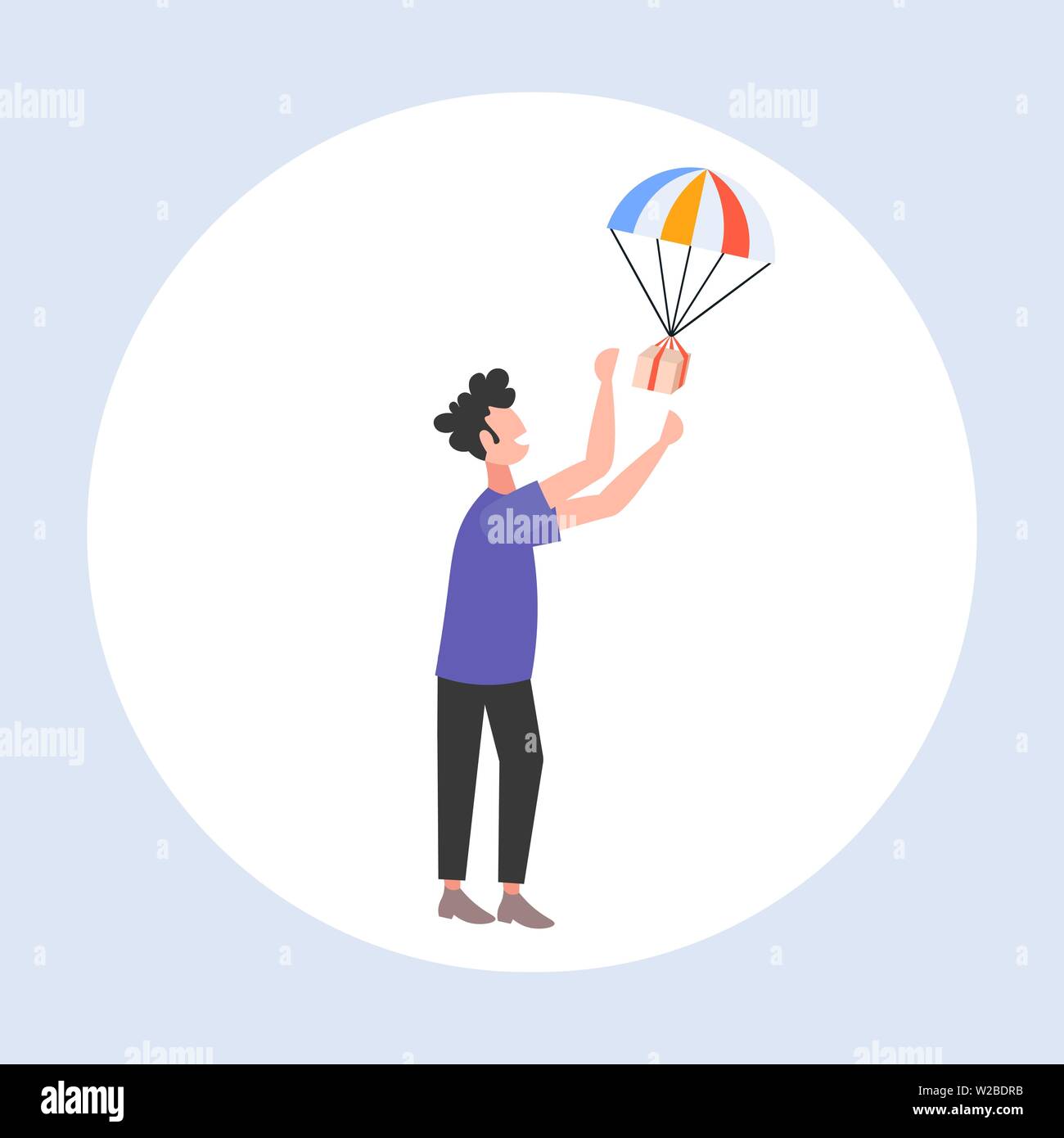 man catching parcel box falling down with parachute from sky ...