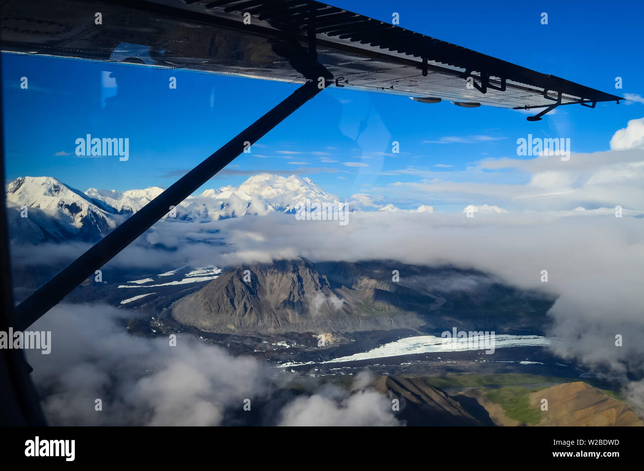 Aerial view of Mount Denali - mt Mckinley peak from a plane with ...