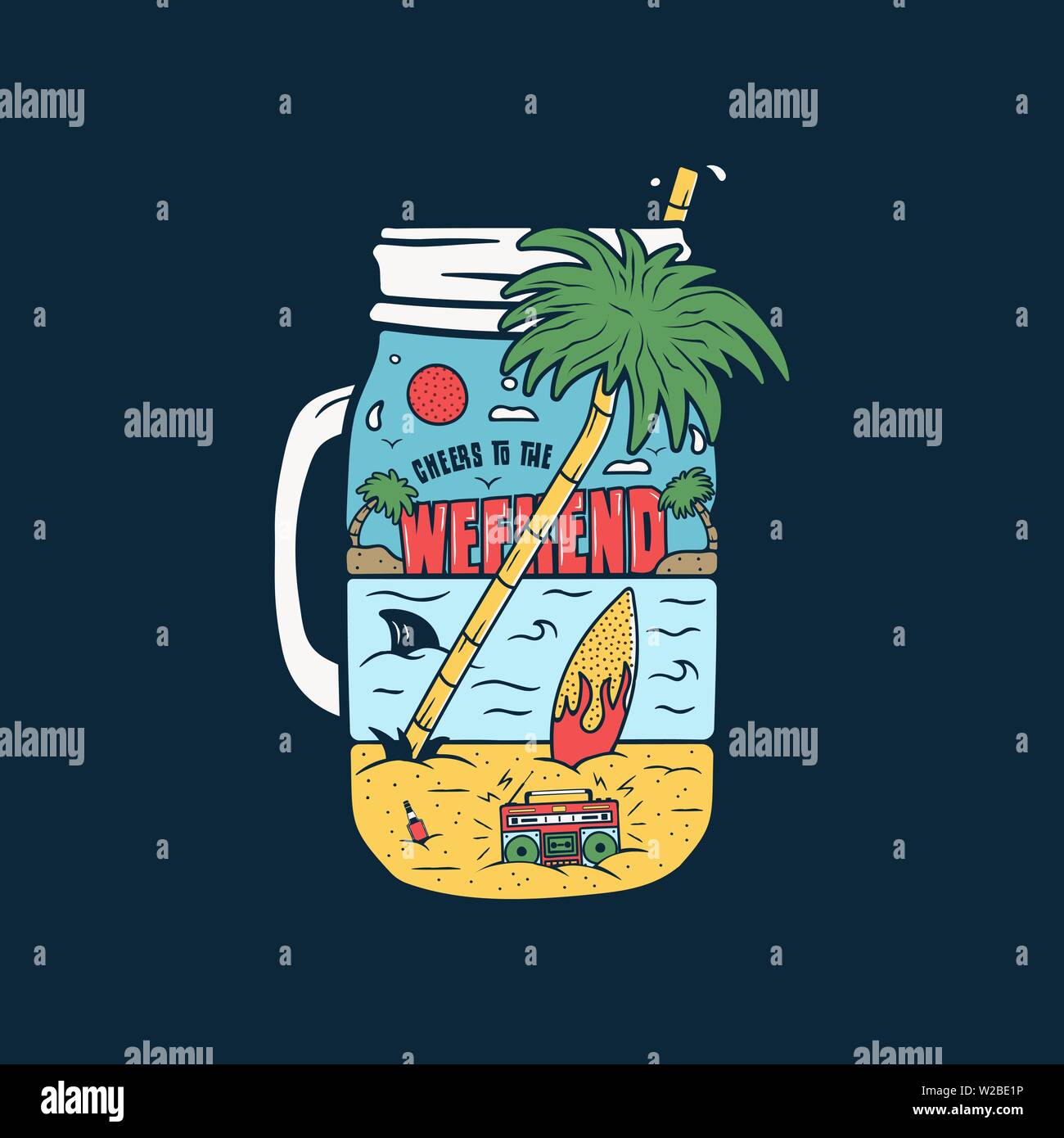 Vintage Surfing Graphics Print for web design or shirts. Unusual beach ...