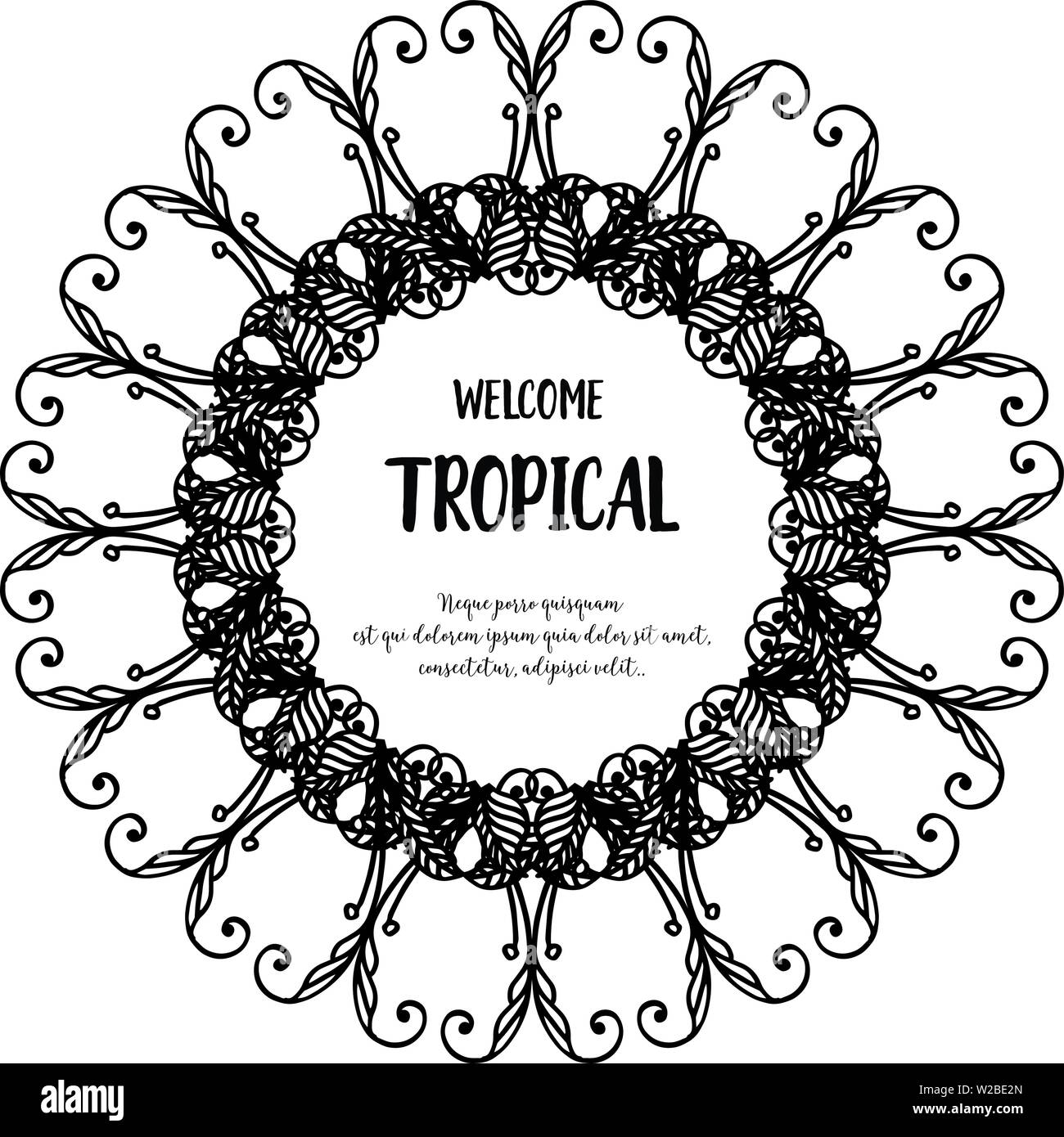 Greeting card welcome tropical, ornate flower and leaves. Vector ...