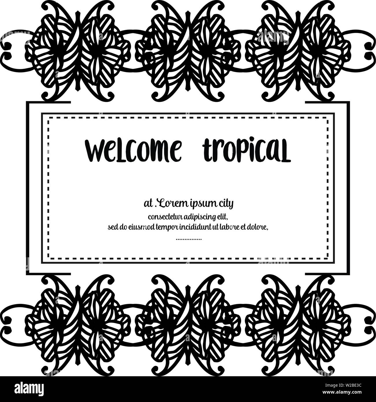 Greeting card welcome tropical, ornate flower and leaves. Vector ...