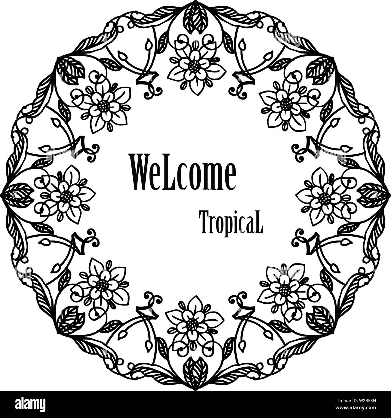 Greeting card welcome tropical, ornate flower and leaves. Vector ...