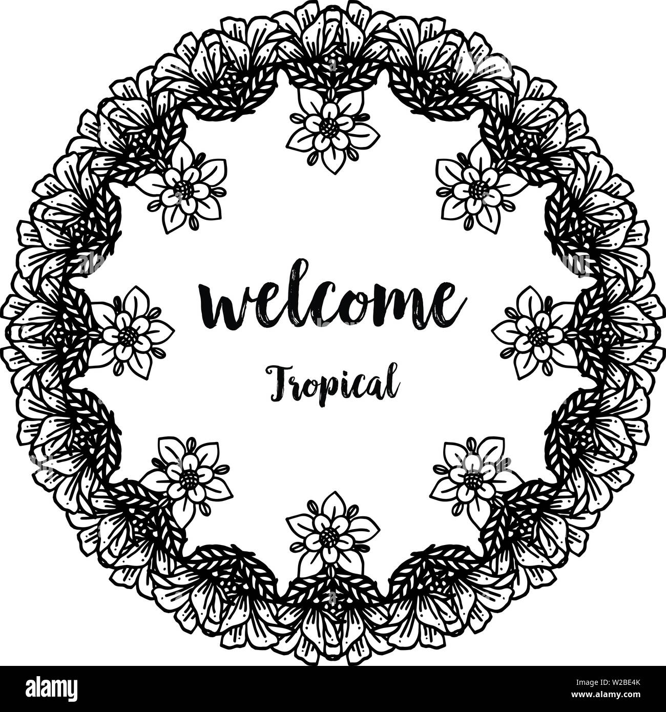 Greeting card welcome tropical, ornate flower and leaves. Vector ...
