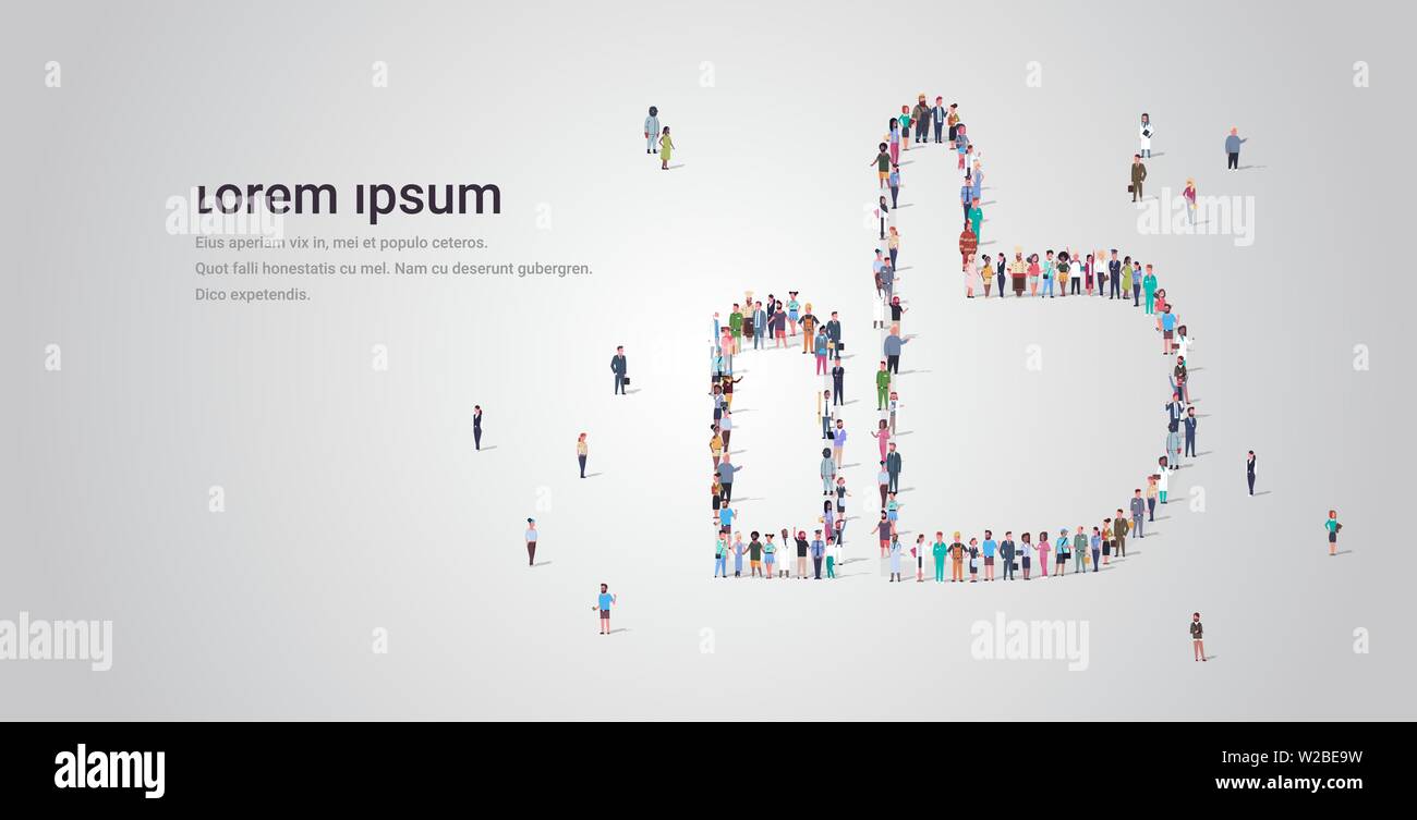 people crowd gathering in thumb up shape social media community ...