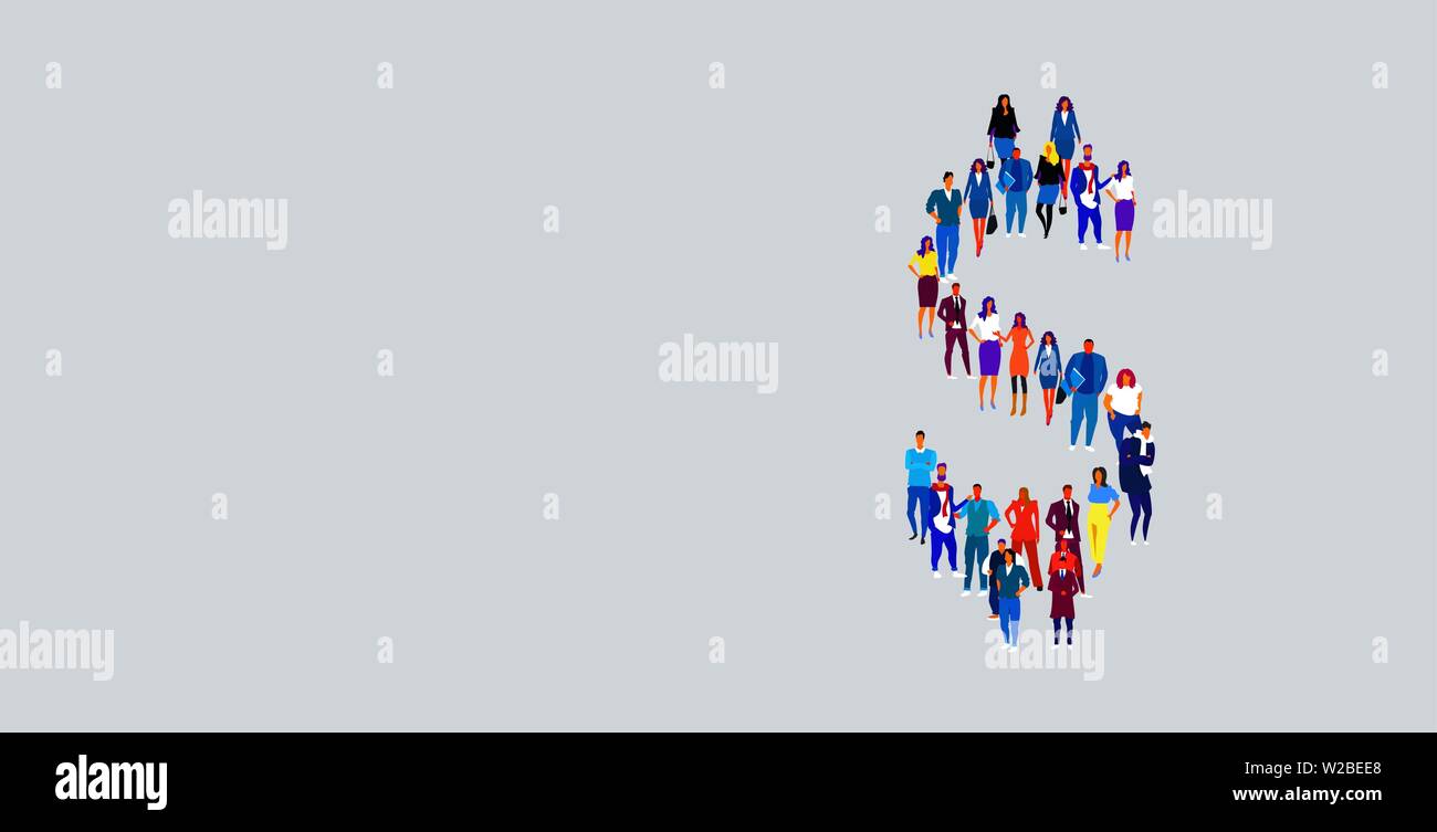 businesspeople crowd gathering in shape of dollar icon social media ...