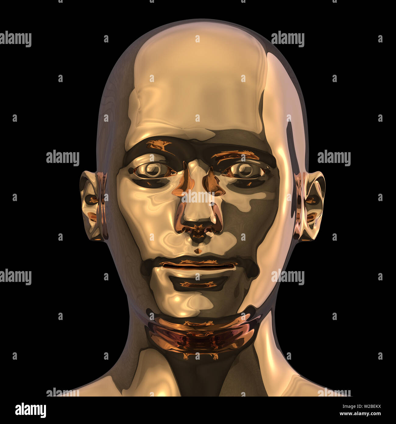3d illustration of head shot portrait of single iron man face close-up ...