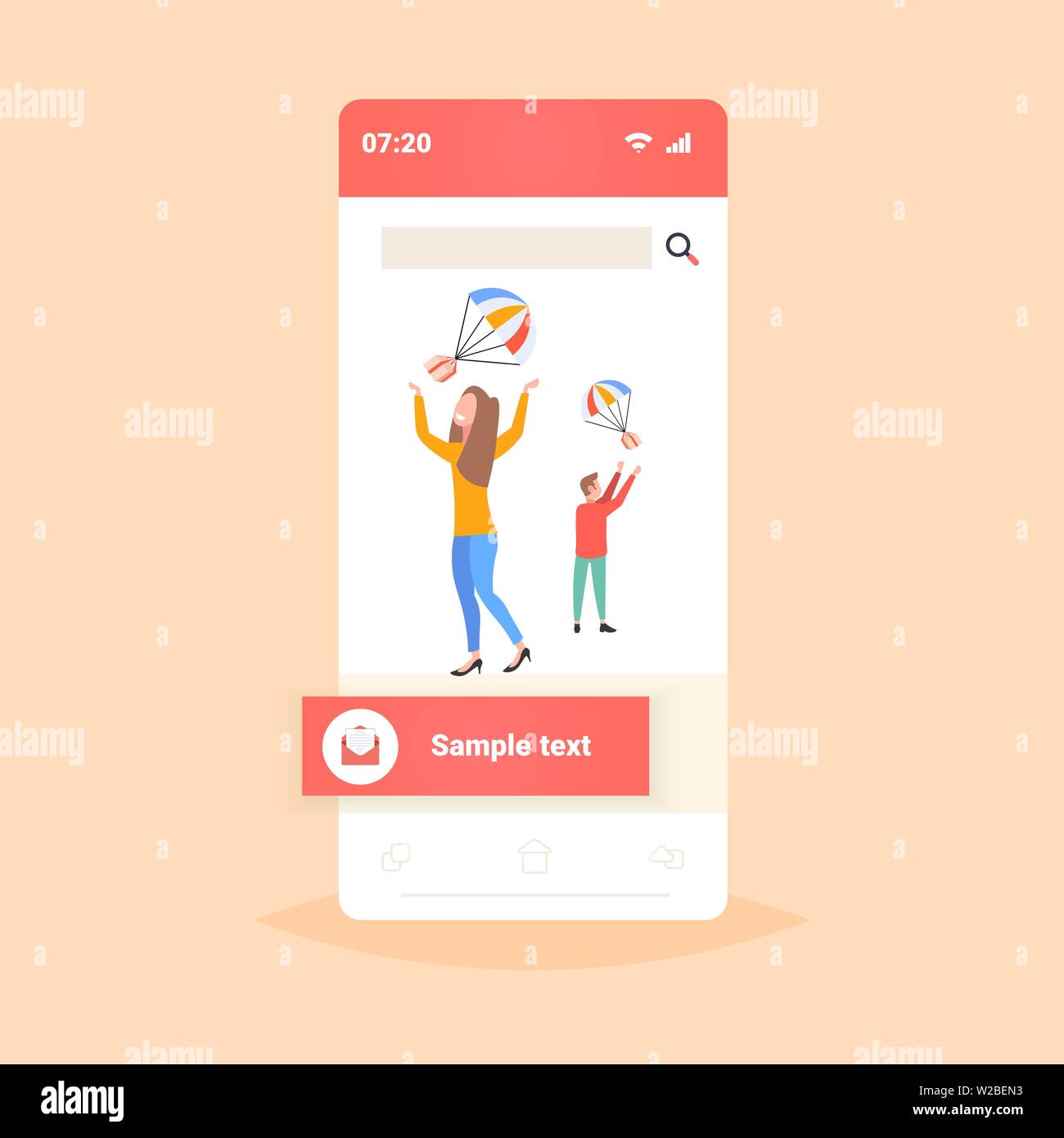 couple man woman catching parcel box falling down with parachute from ...