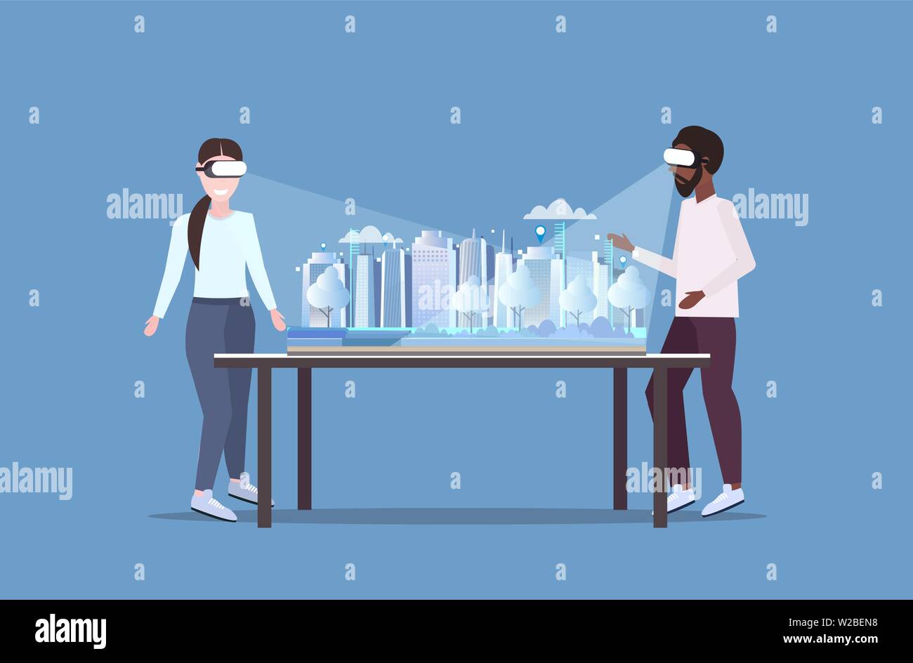 architects couple wearing digital glasses virtual reality 3d building ...