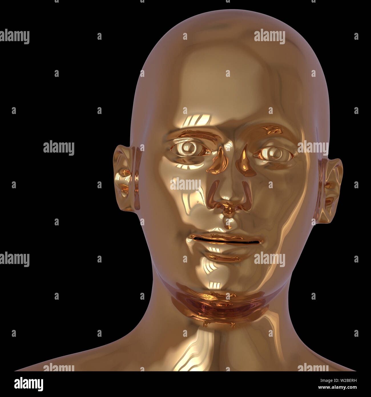 3d illustration of golden head shot portrait of single iron man face ...