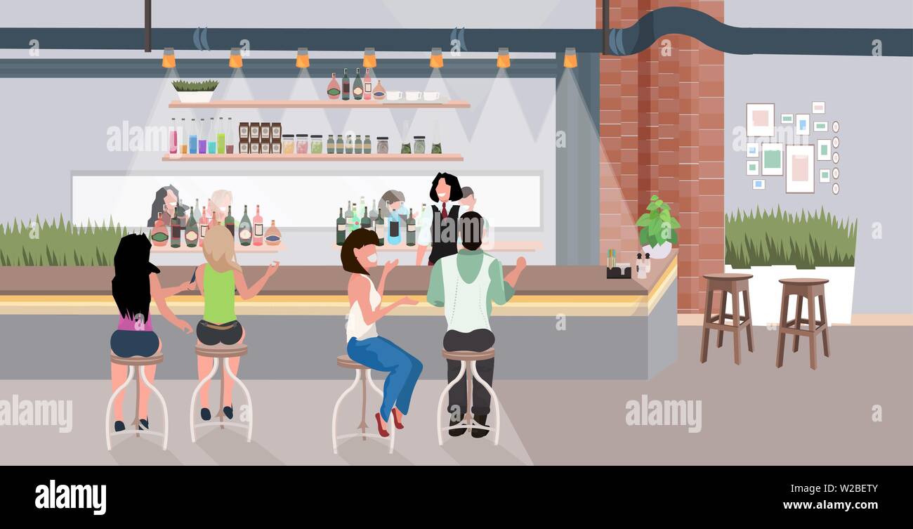 people sitting at bar counter desk men women visitors drinking and ...