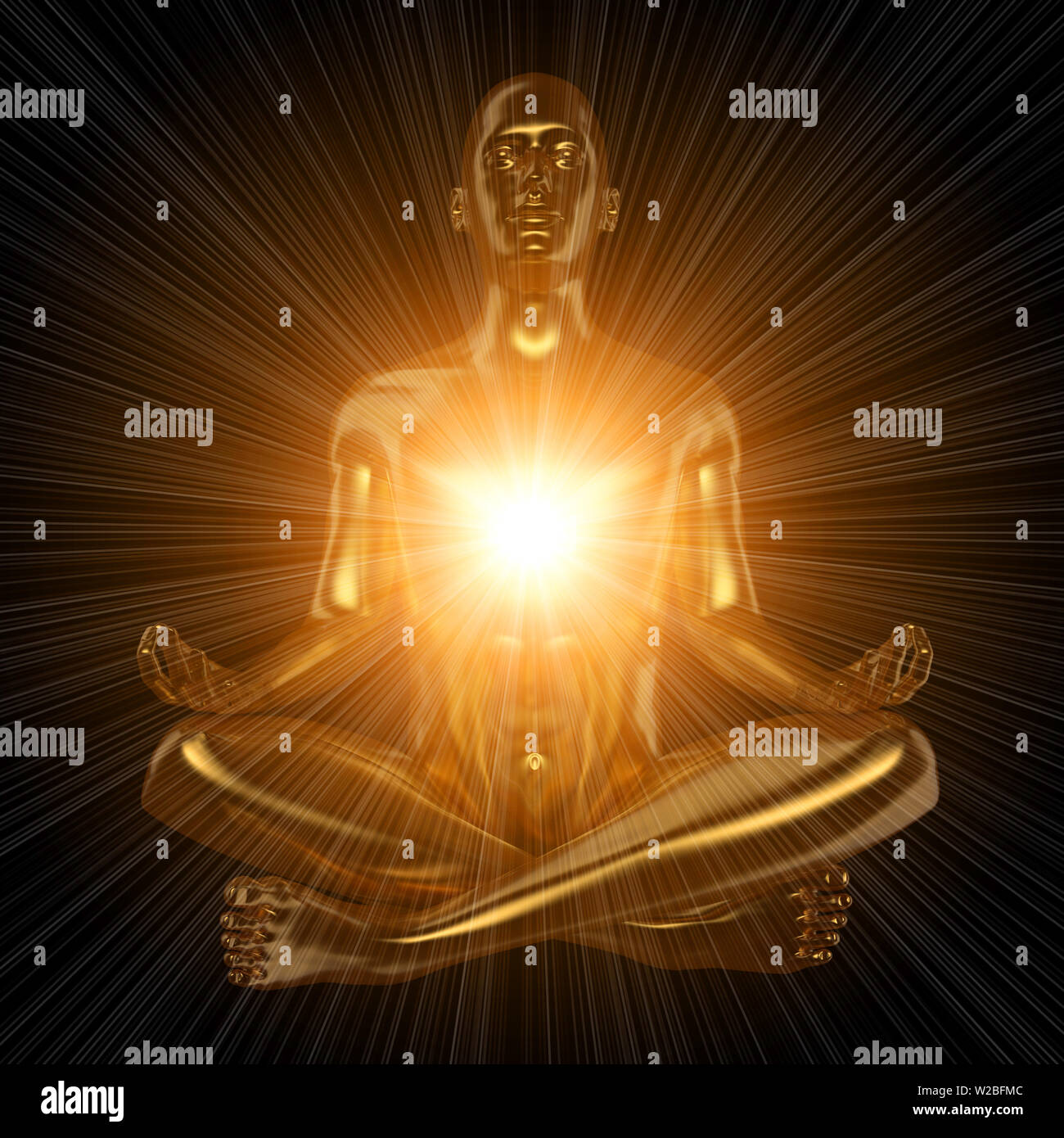 3d illustration of iron man figure yoga lotus pose stylized golden body ...