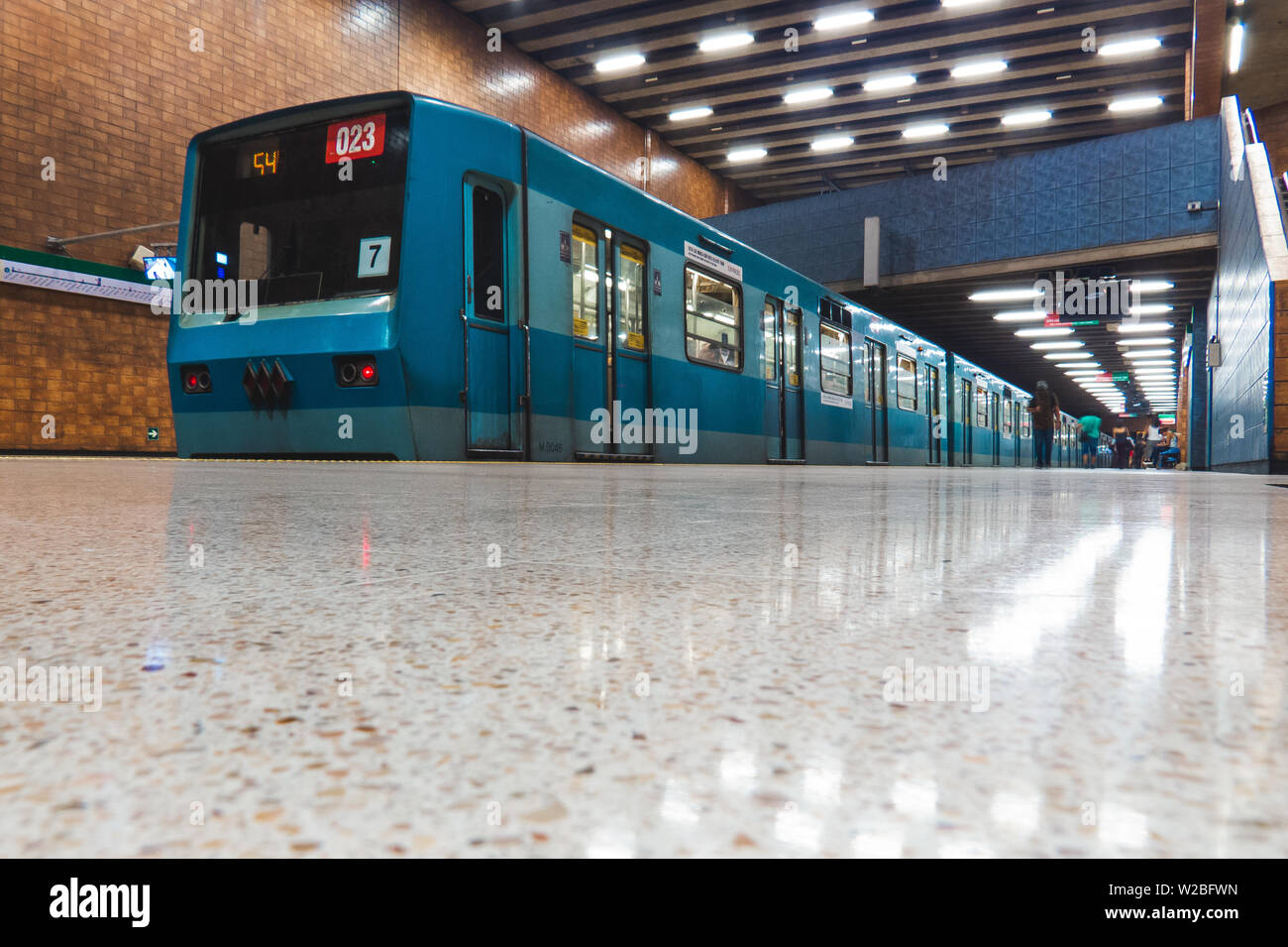 SANTIAGO, CHILE - FEBRUARY 2015: A Santiago Metro NS74 train at Santa ...