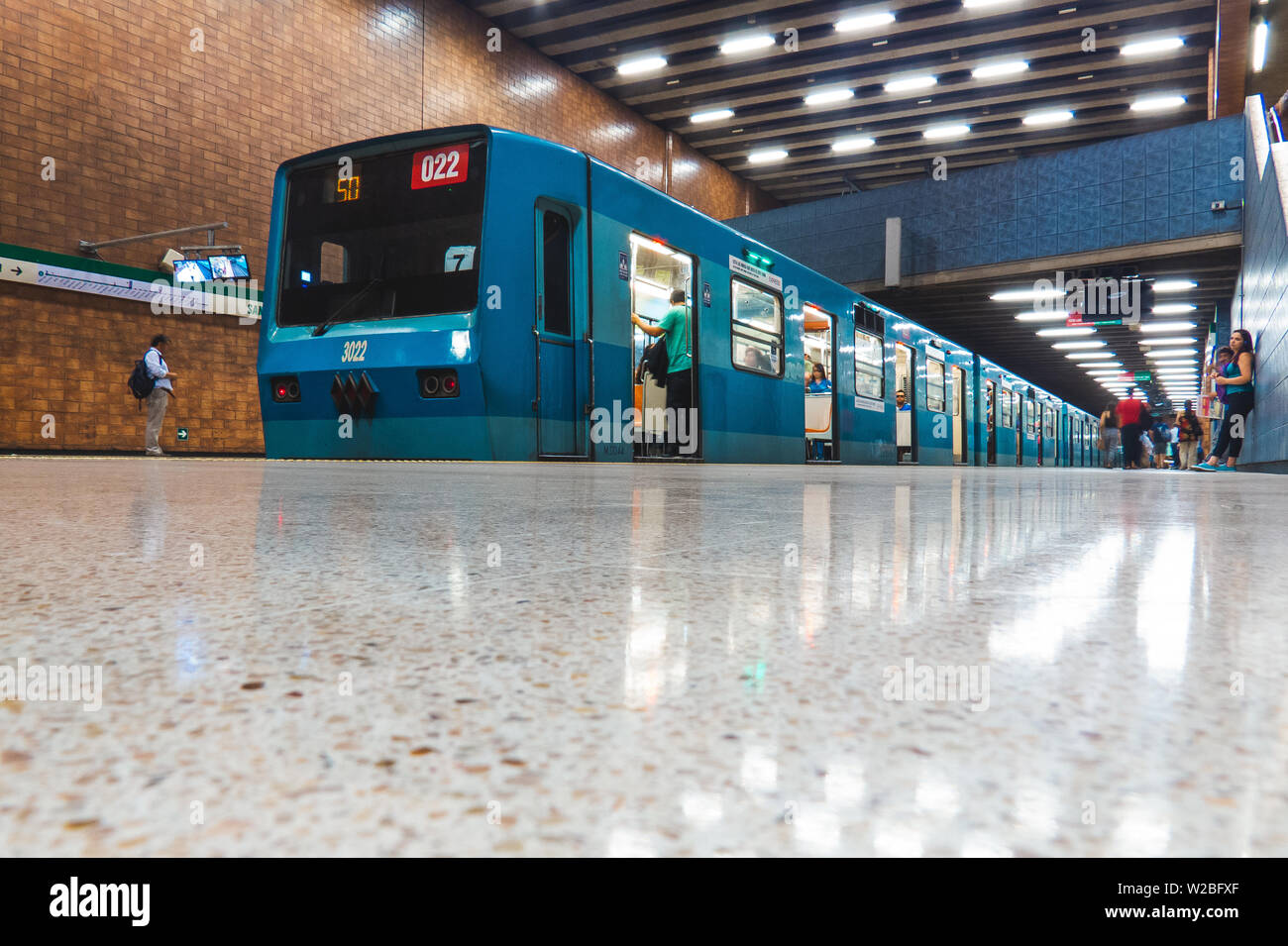 SANTIAGO, CHILE - FEBRUARY 2015: A Santiago Metro NS74 train at Santa ...