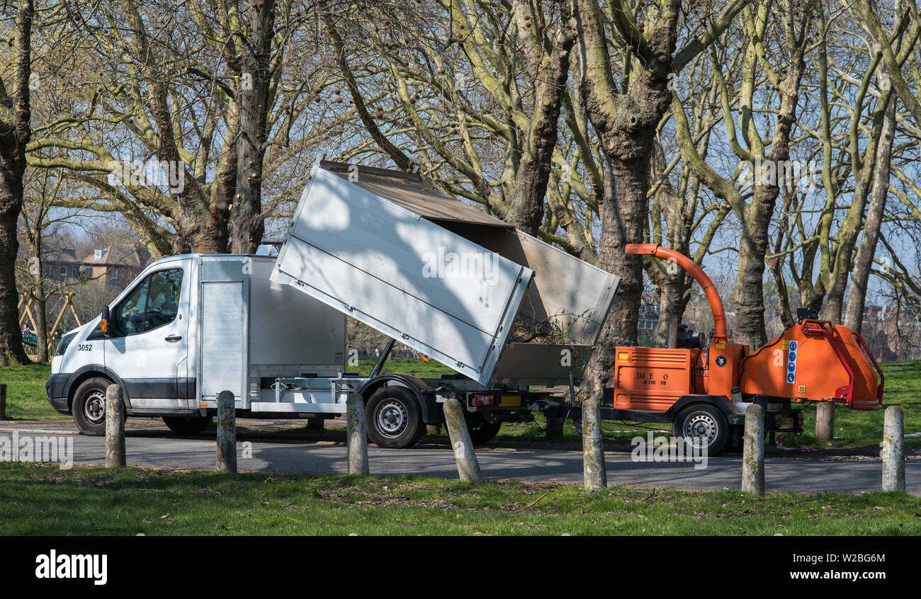 Industrial wood chipper attached to a walled flatbed van to carry away ...