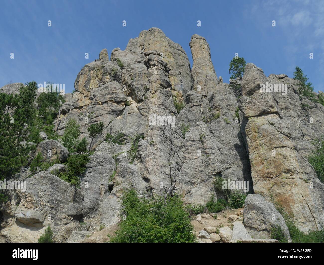 Close upward view of the Cathedral Spires rock formations, along the ...