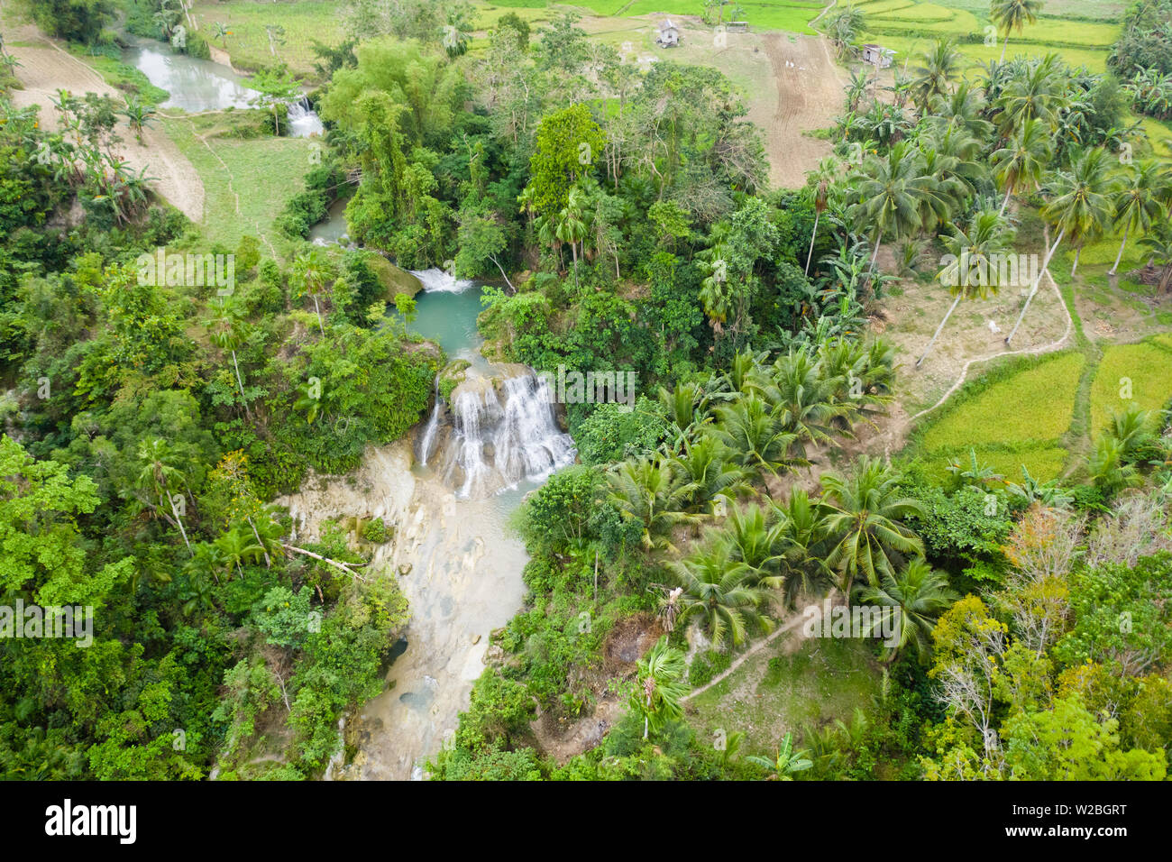 River with cascading waterfalls in the tropics, view from above ...