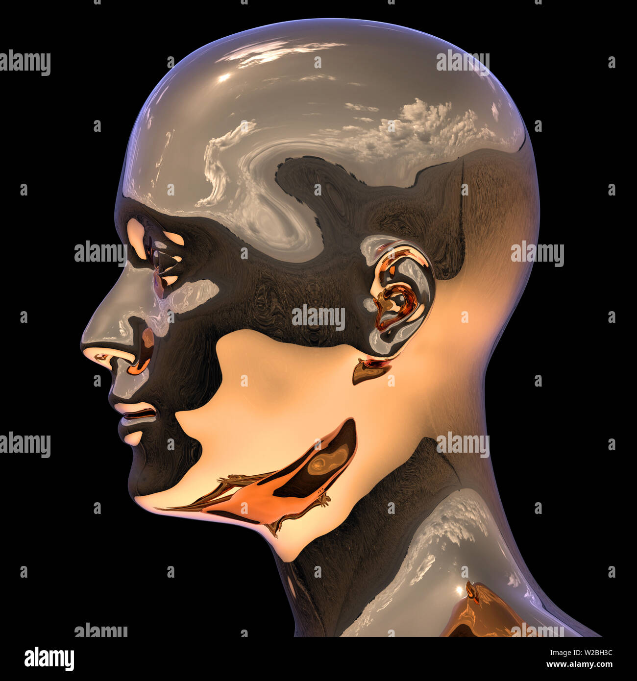 3d illustration of man metal head silhouette stylized golden polished ...