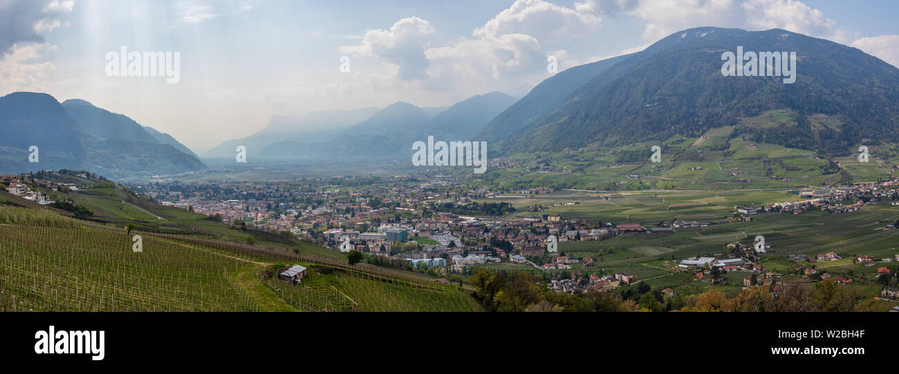 Panorama of Meran Valley, Meraner Land, with wine plantations, Alps ...