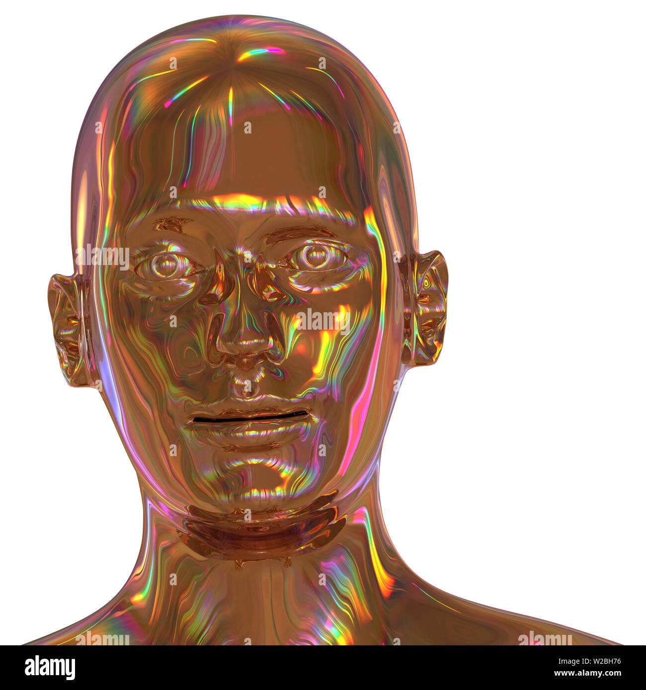 3d illustration of iron head man stylized portrait golden polished ...