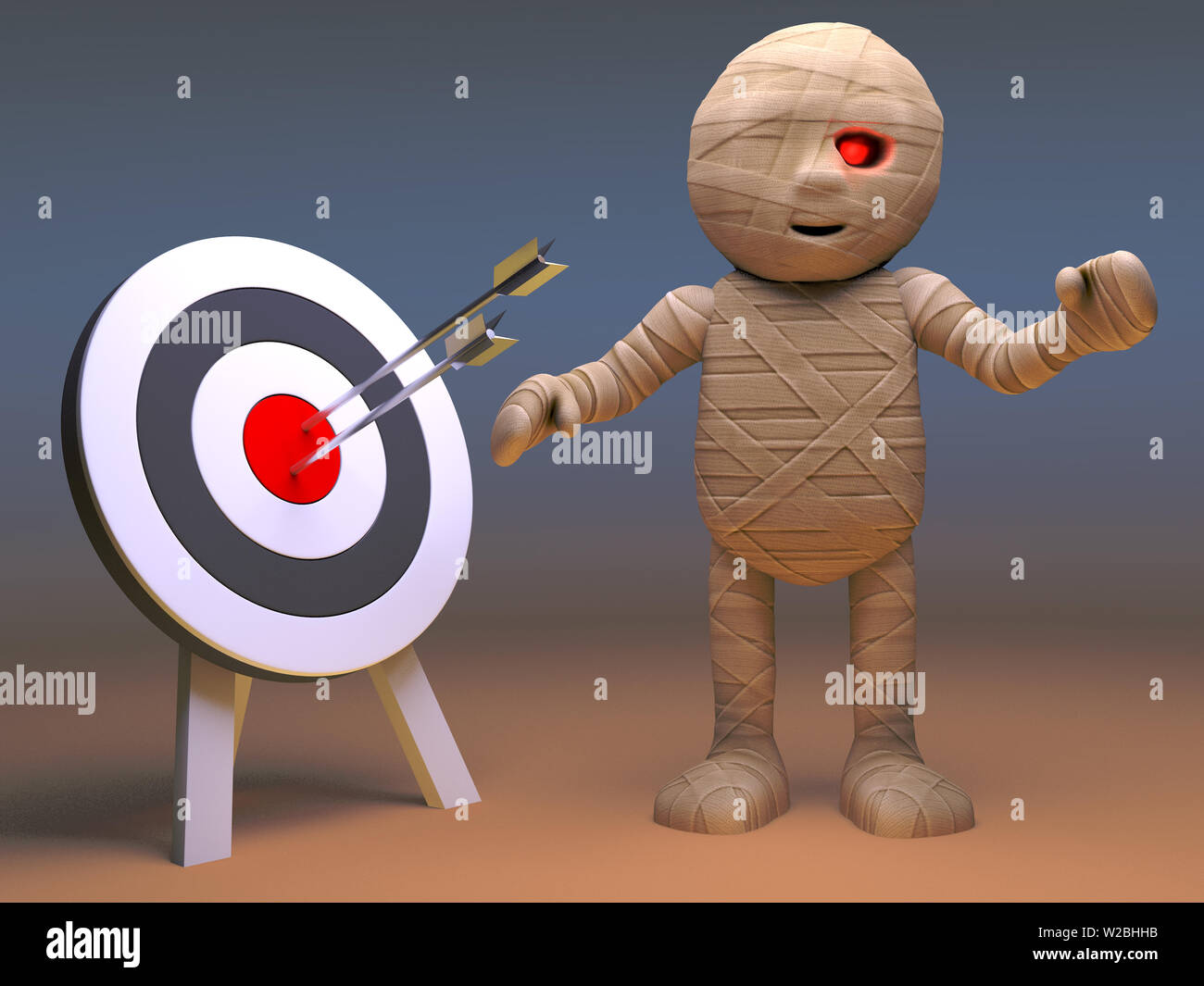 Funny Egyptian mummy monster hits the bullseye with his arrows, 3d ...