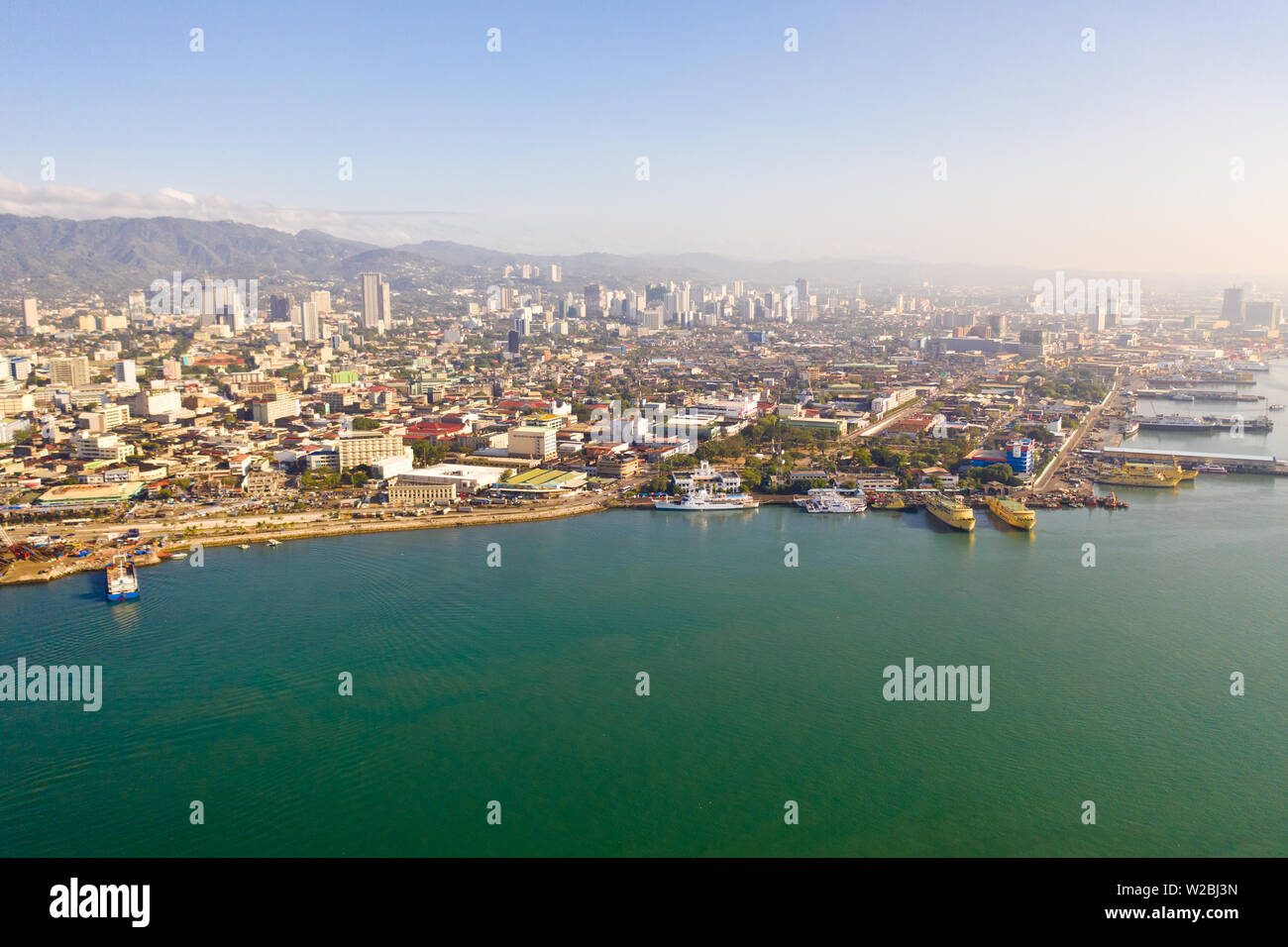 Cityscape in the morning. Streets and seaport of the city of Cebu ...