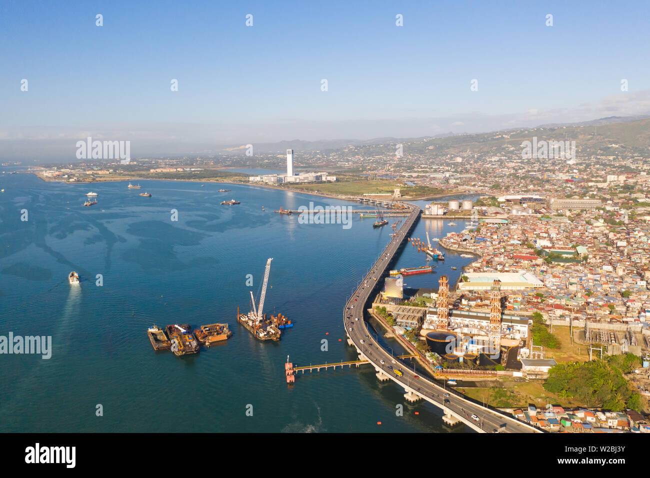 Panorama of Cebu in the morning. Road bridge and seaport, view from ...