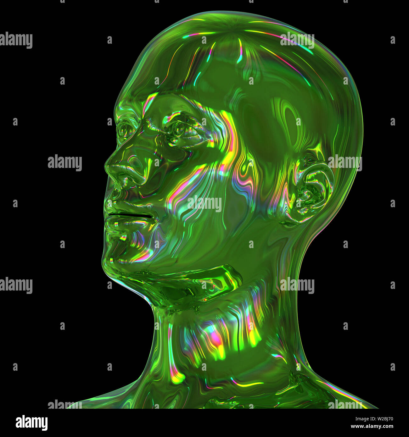 3d illustration of man head stylized metallic green glossy colorful ...