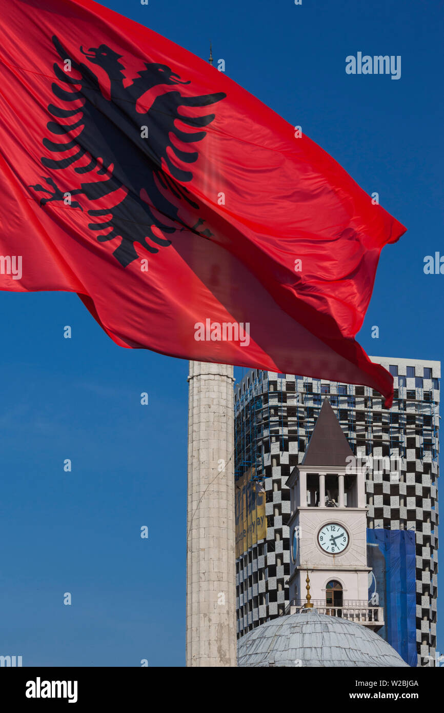 Albania, Tirana, Skanderbeg Square, Ethem Bey Mosque and Albanian flag ...