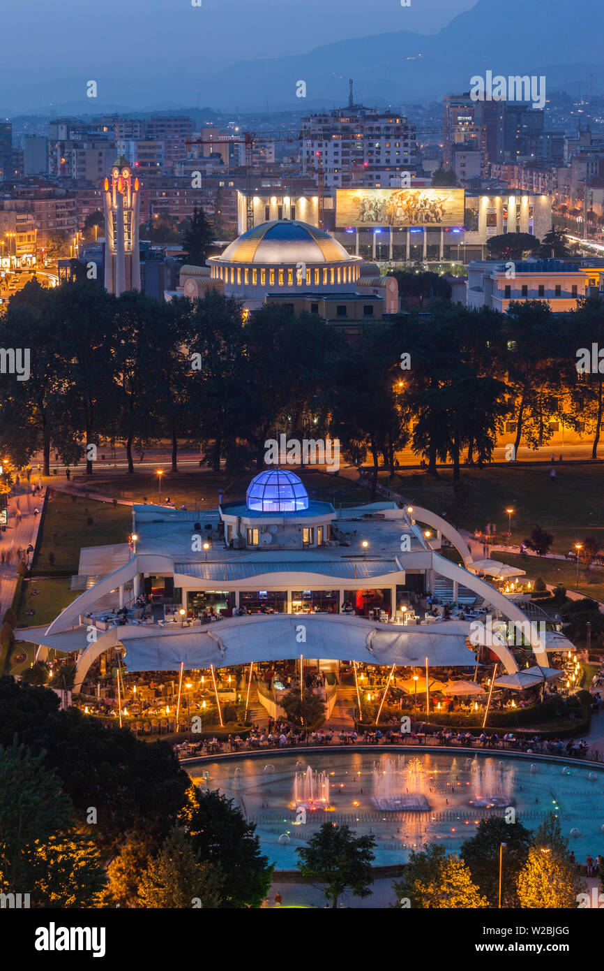 Albania, Tirana, elevated overview of Rinia Park and Taiwan Restaurant ...