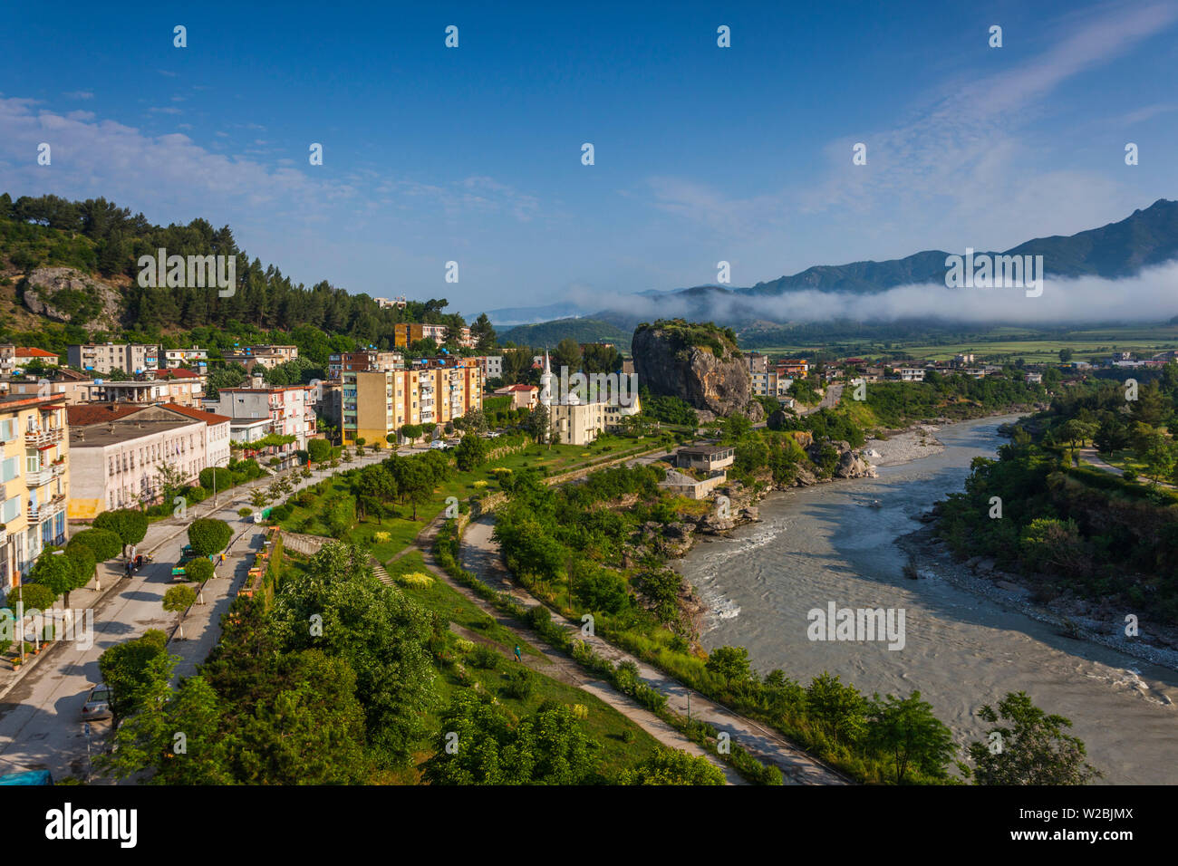 Albania, Permet, elevated town view with City Rock, dawn Stock Photo ...