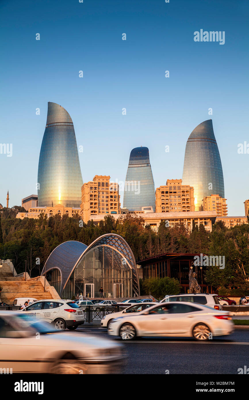 Azerbaijan, Baku, Entrance to Funicular railway and Flame Towers behind ...