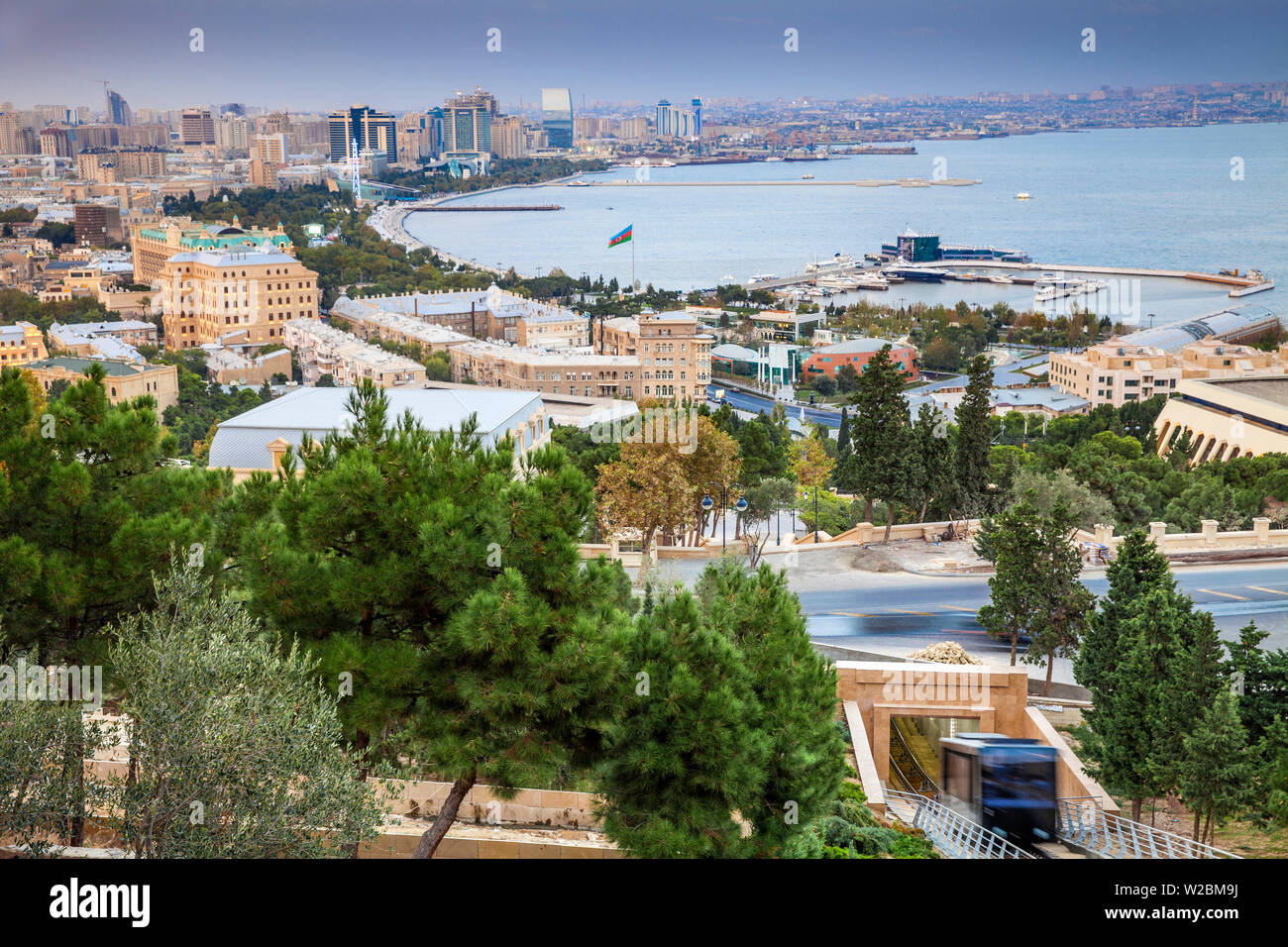 Azerbaijan, Baku, View of Funicular Railway and Baku Bay l Stock Photo ...