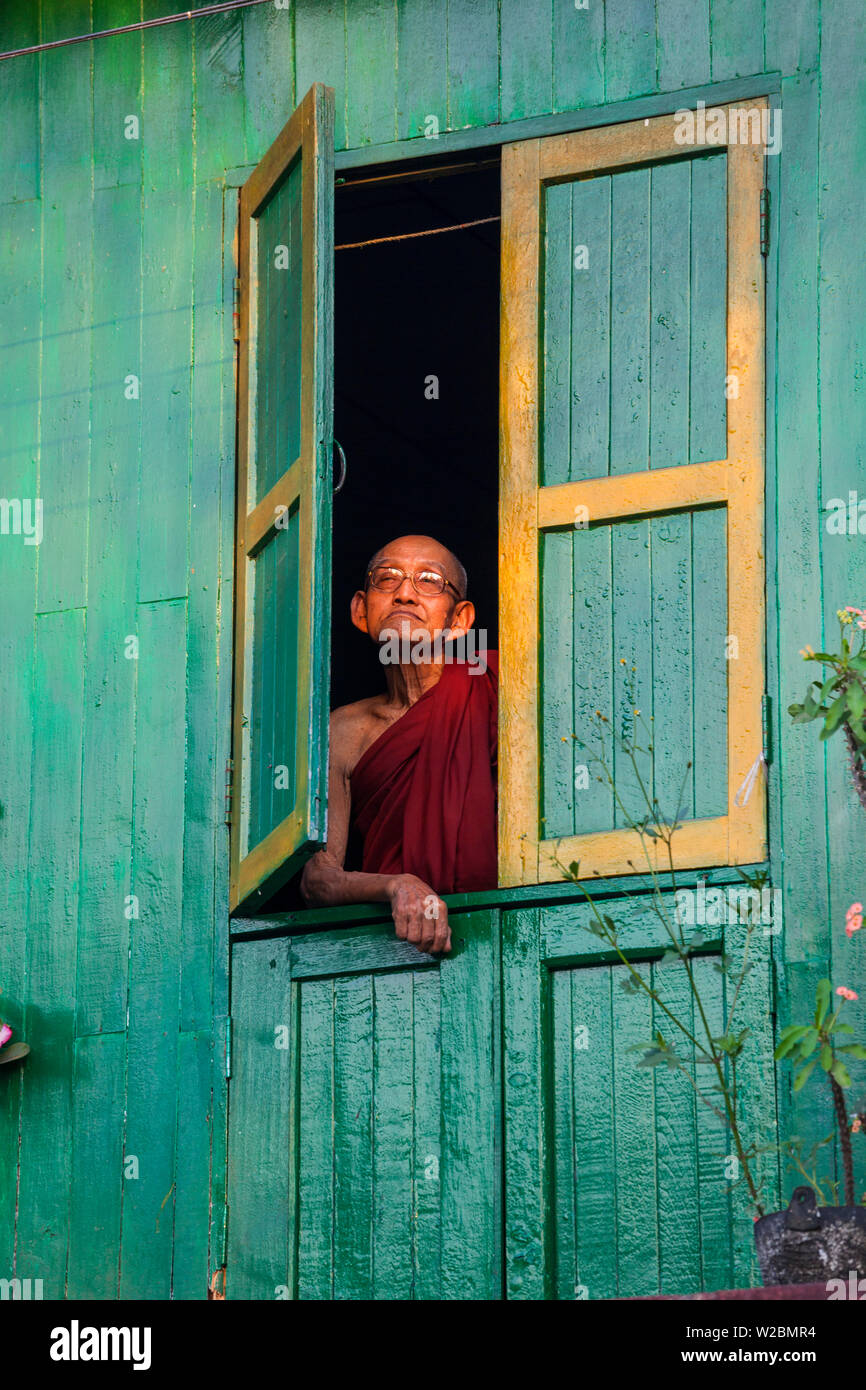 Monk at window, Yangon, (Rangoon), Myanmar (Burma Stock Photo - Alamy