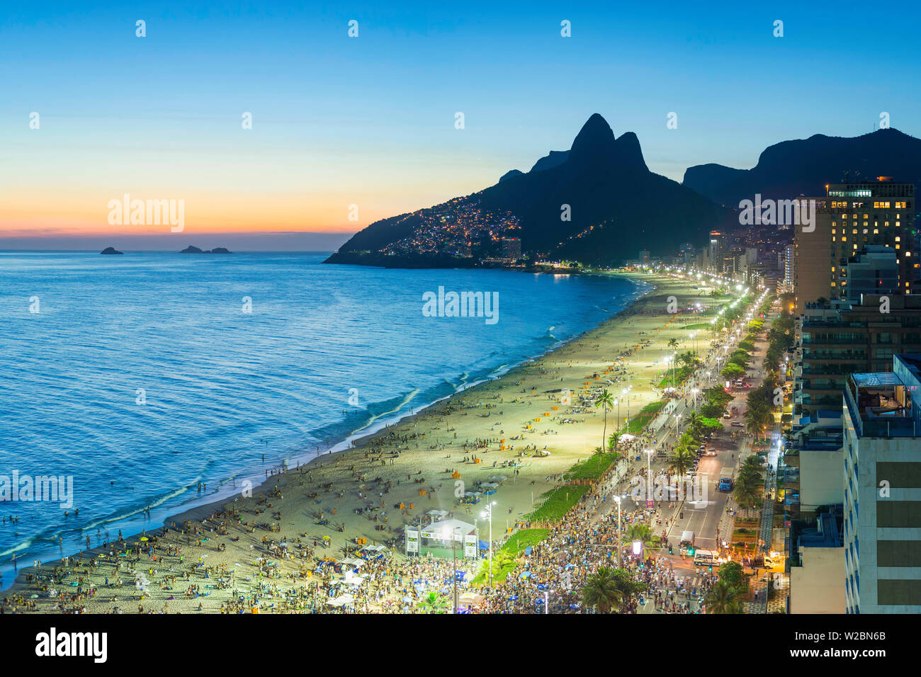 Sunset over Ipanema Beach and Dois Irmaos (Two Brothers) mountain, Rio ...