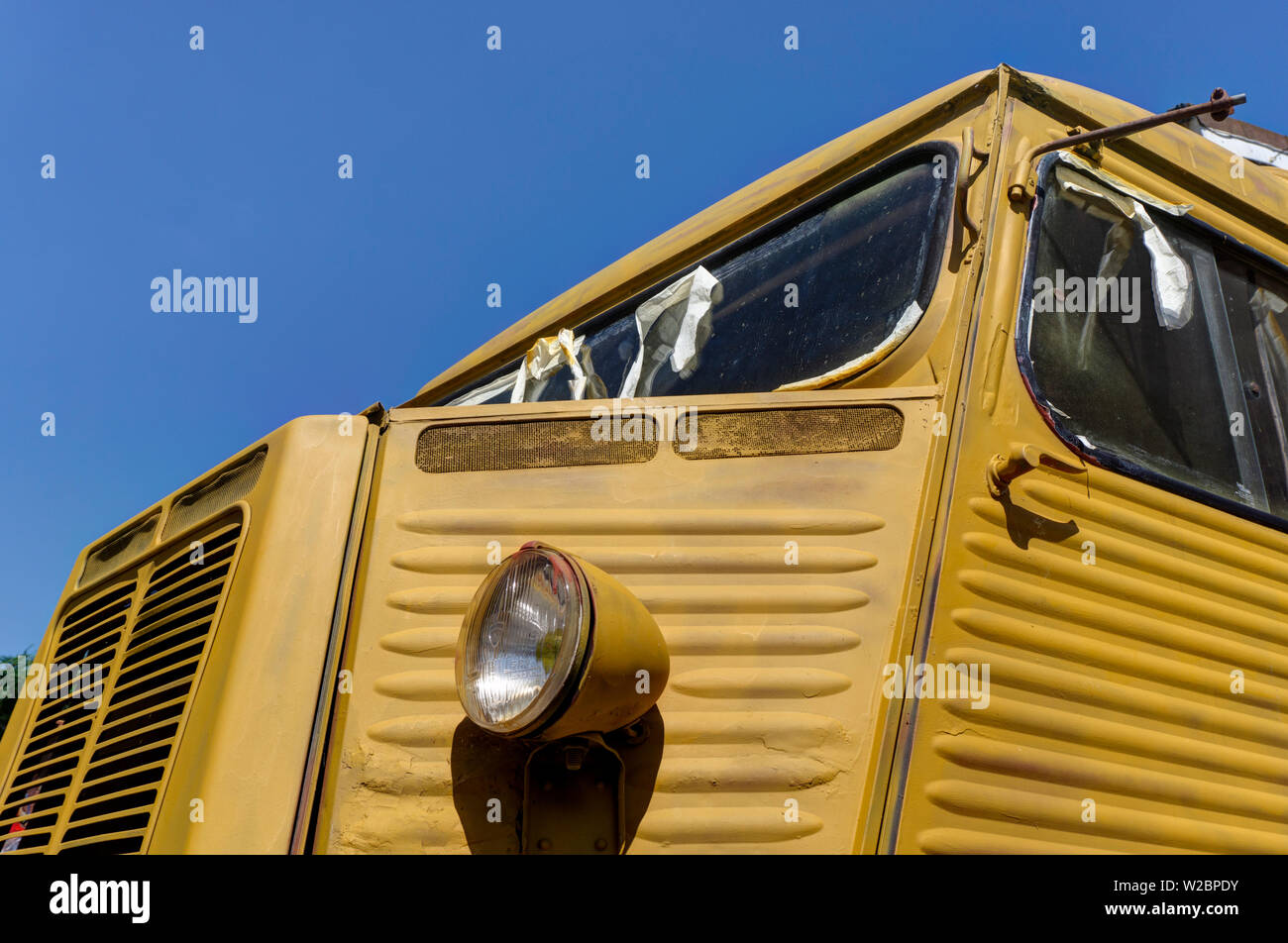 vintage citroen yellow corrugated van parked out side former council ...