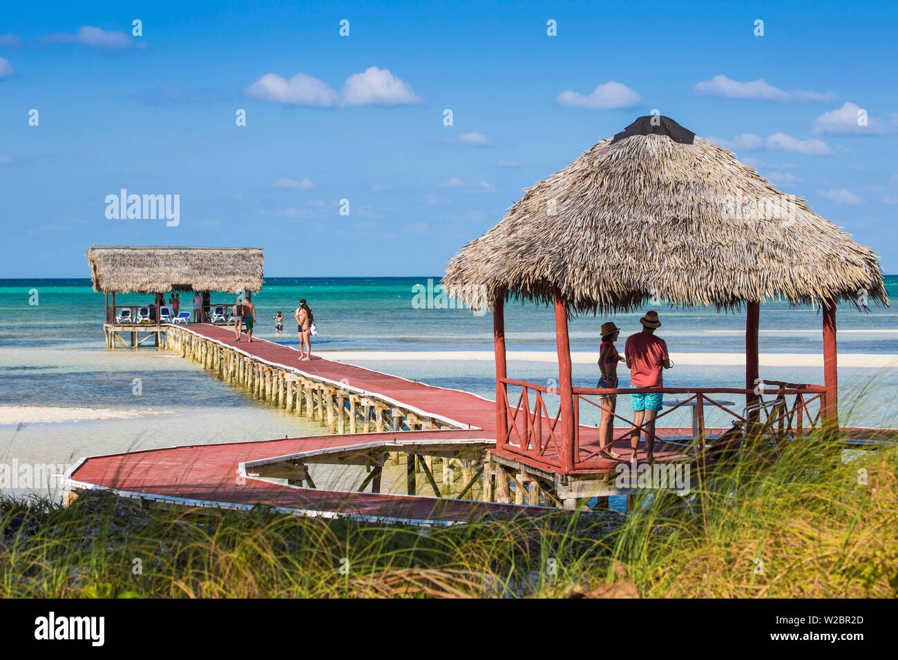 Cuba, Jardines del Rey, Cayo Guillermo, Playa El Paso, Wooden red jetty ...