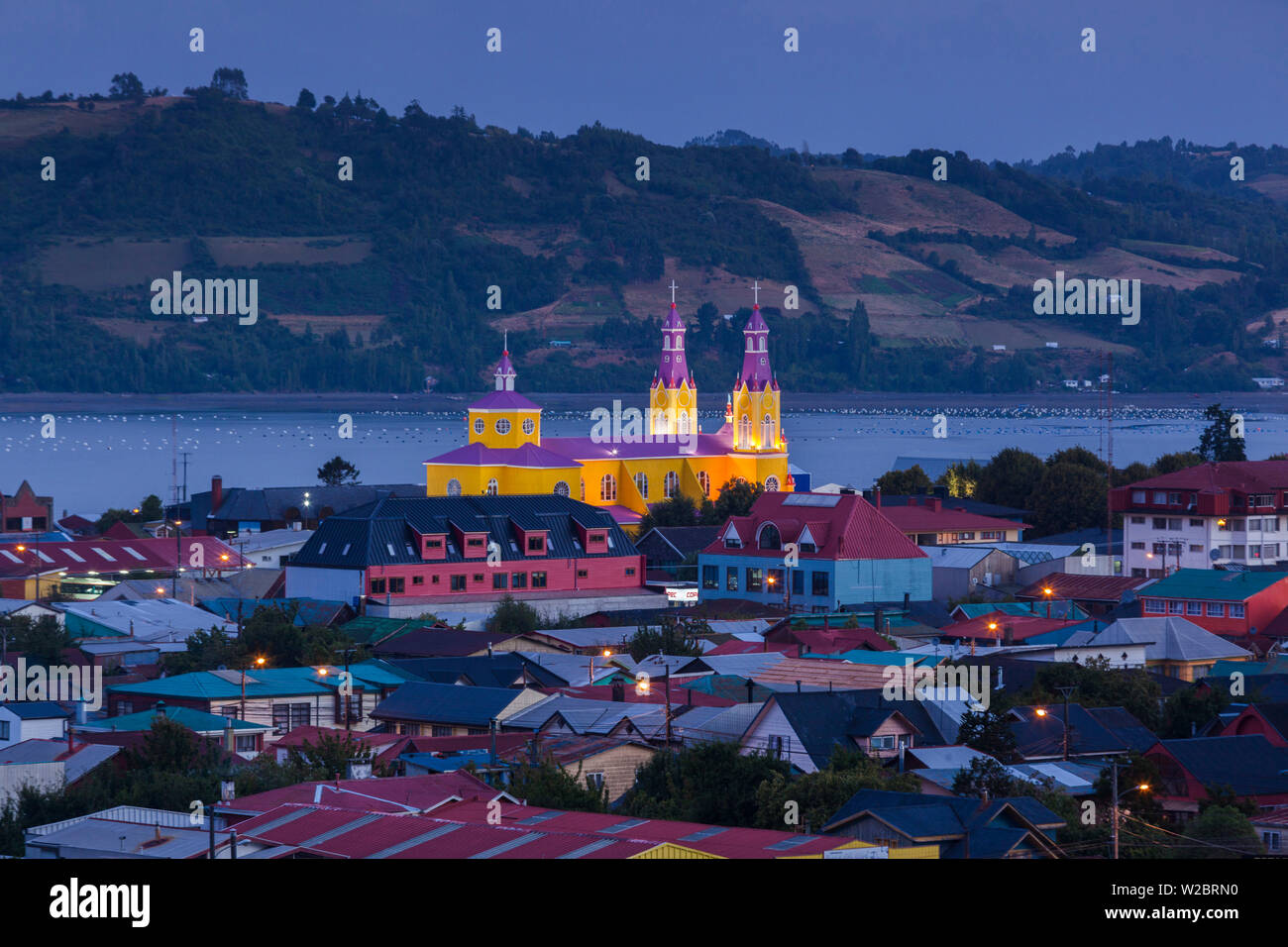 Chile, Chiloe Island, Castro, Iglesia de San Francisco church, elevated ...