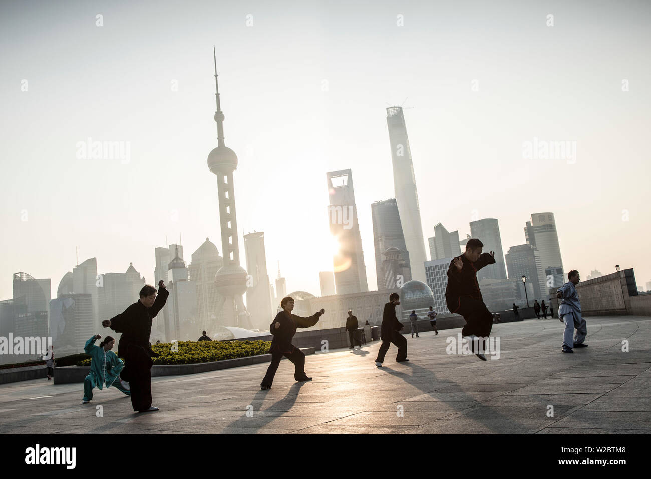 Tai Chi on The Bund (with Pudong skyline behind), Shanghai, China Stock ...
