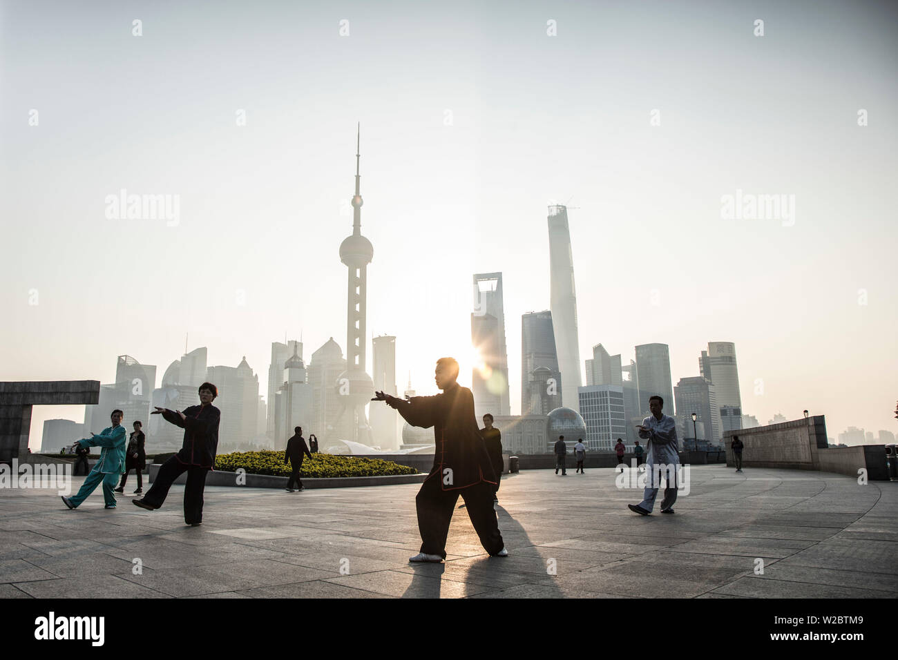 Tai Chi on The Bund (with Pudong skyline behind), Shanghai, China Stock ...